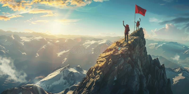 Two Hikers Celebrating Reaching the Mountain Peak. Created by ...