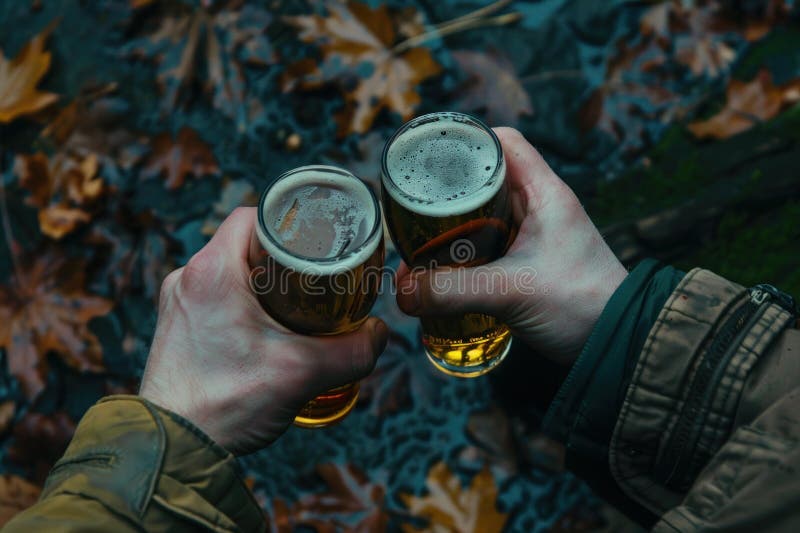 Two Hikers Clinking Glasses of Beer in the Forest Stock Photo - Image ...