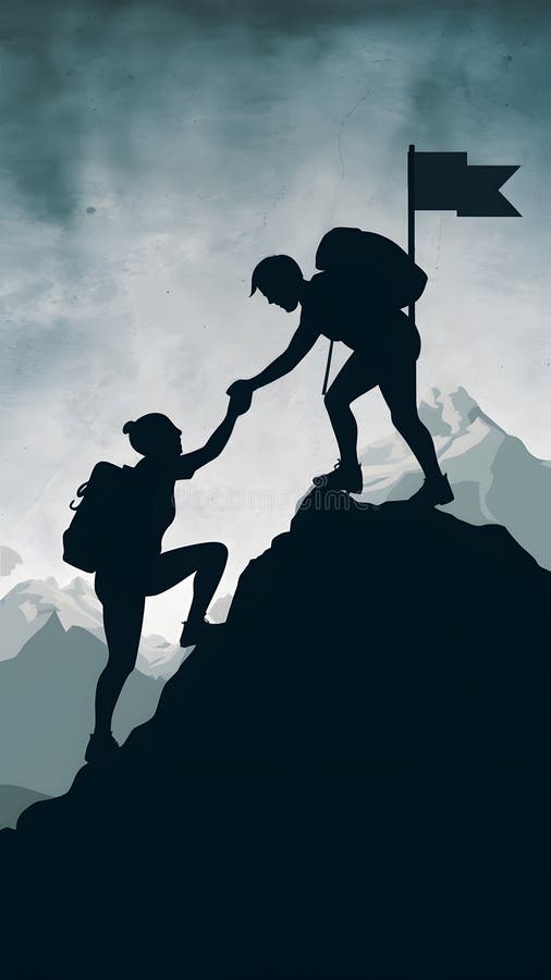 Two Hikers Conquer a Peak Together, One Extending a Helping Hand Stock ...