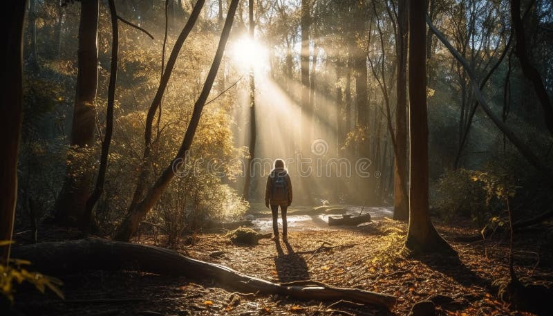 Two Hikers Explore the Tranquil Autumn Forest in Solitude Generated by ...