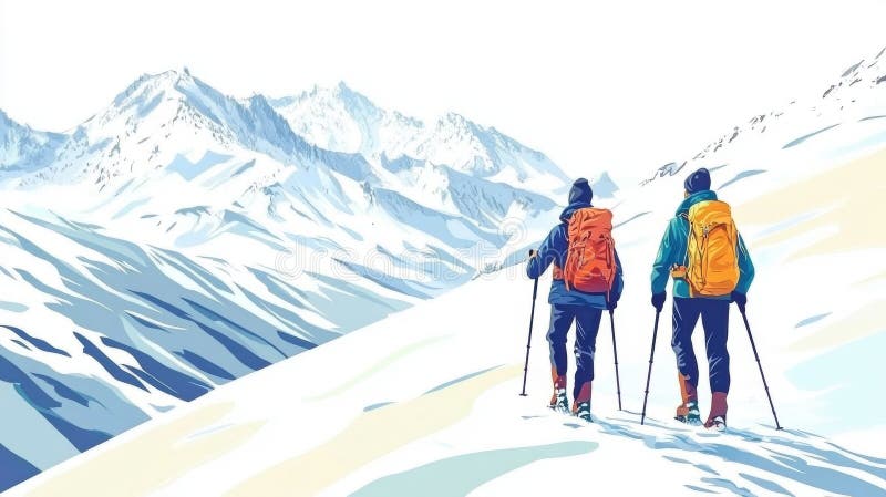 Two Hikers Exploring a Snowy Mountain Landscape with Trekking Poles ...