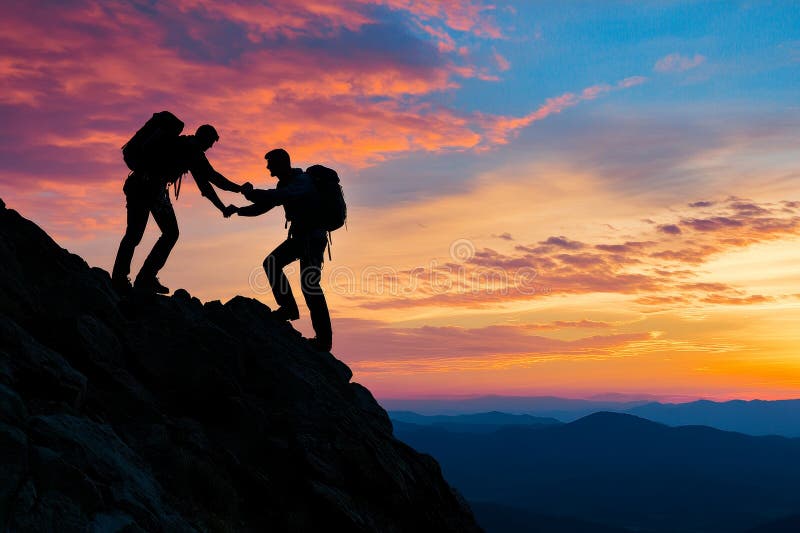 Two Hikers Helping Each Other Climb Mountain at Sunset Two Hikers are ...
