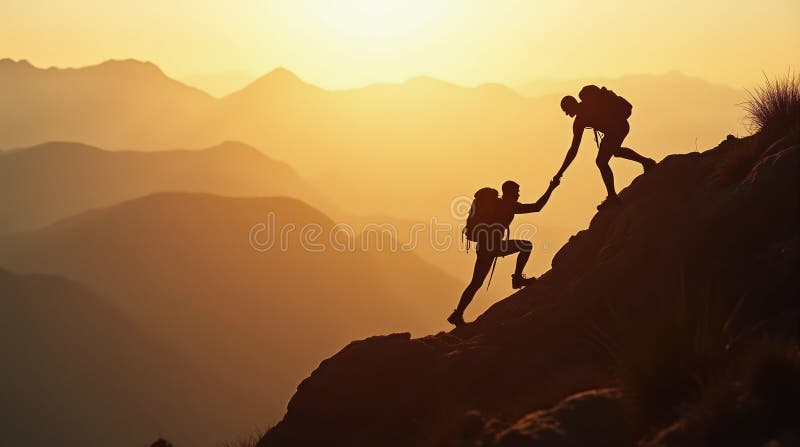 Two Hikers Helping Each Other Climb a Steep Mountain Stock Photo ...