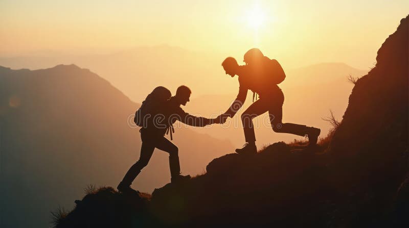 Two Hikers Helping Each Other Climb a Steep Mountain Stock Photo ...
