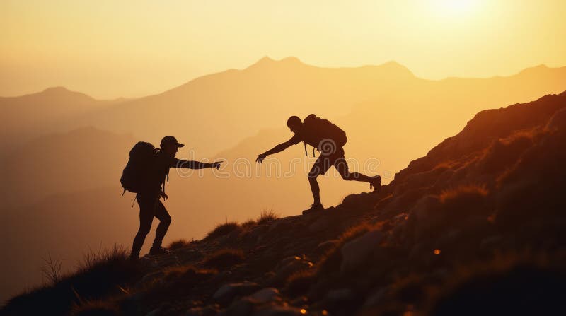 Two Hikers Helping Each Other Climb a Steep Mountain Stock Photo ...