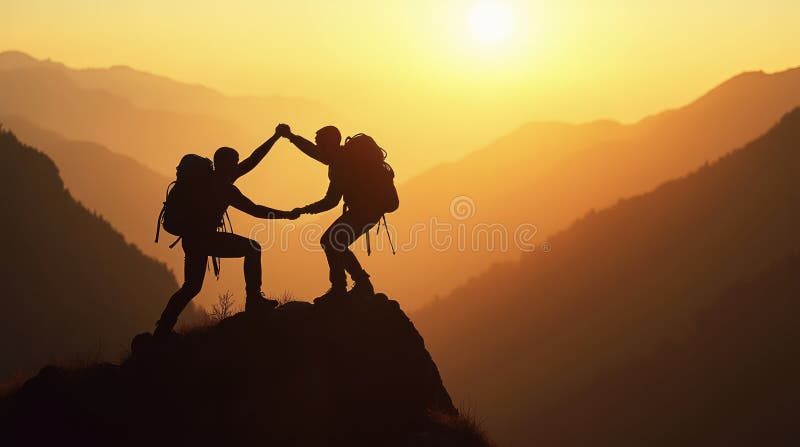 Two Hikers Helping Each Other Climb a Steep Mountain Stock Photo ...