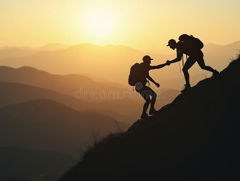 Two Hikers Helping Each Other Climb a Steep Mountain Stock Image ...