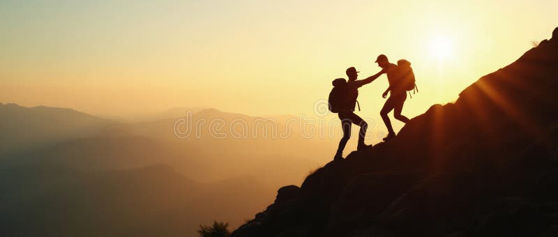 Two Hikers Helping Each Other Climb a Steep Mountain Stock Photo ...