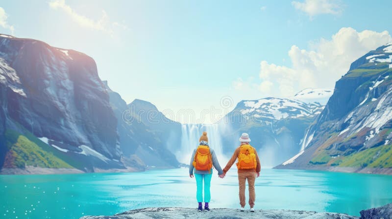 Two Hikers Holding Hands at the Edge of a Cliff, with a Majestic ...