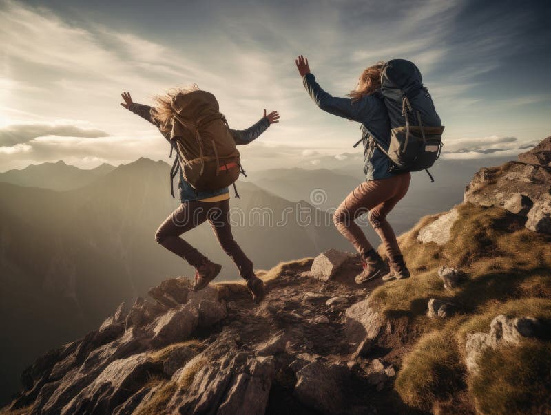 Two Hikers Jumping on Top of a Mountain Stock Illustration ...