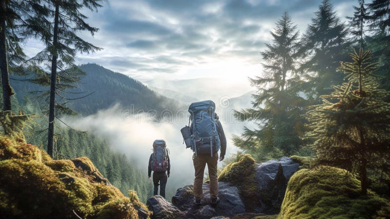 Two Hikers Traveling Together in the Mountains Stock Photo - Image of ...