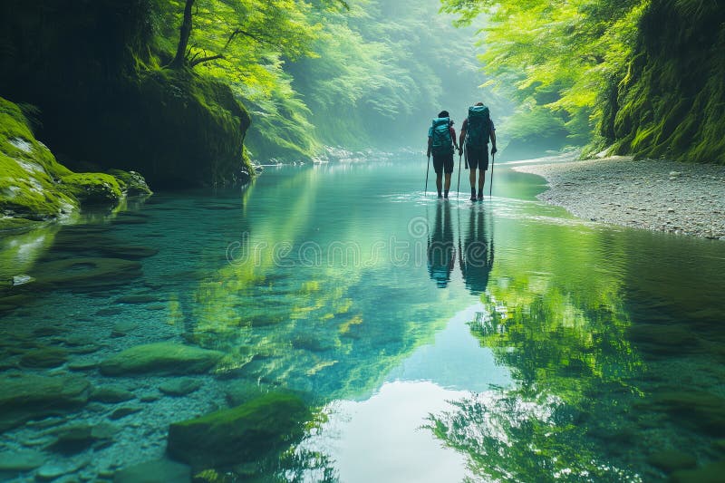 Two Hikers Walking through a Tranquil, Crystal-clear River Surrounded ...