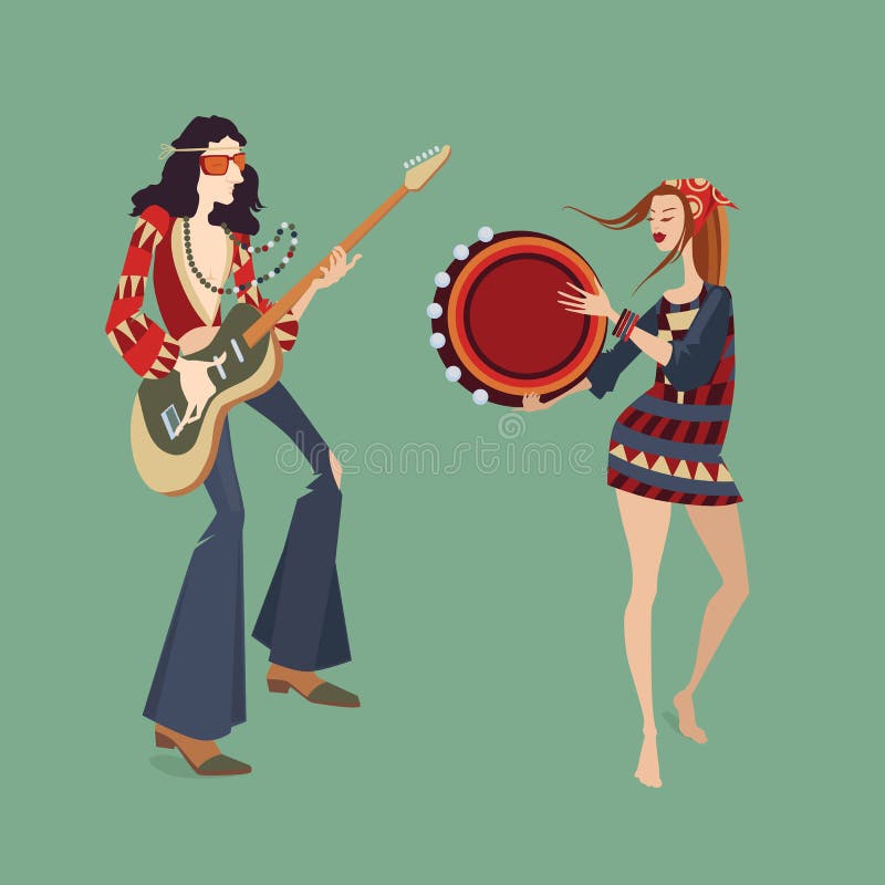 Two Hippies Playing Musical Instruments Stock Vector - Illustration of ...
