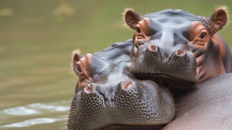 Two Hippos are Standing in the Water with Their Heads Touching, AI ...