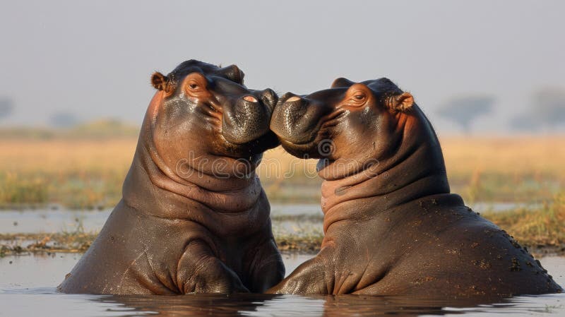 Two Hippos are in the Water and One is Touching Its Nose To Another, AI ...
