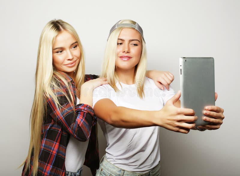 Two Hipster Girls Friends Taking Selfie With Digital Tablet S Stock