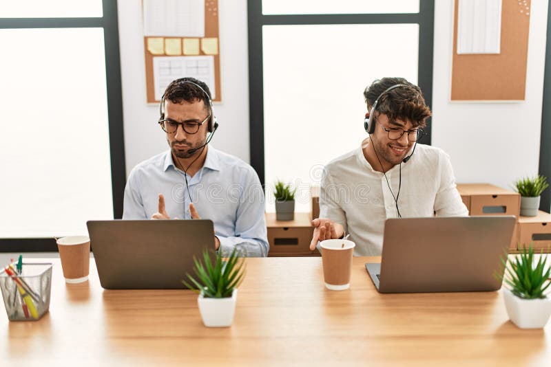 Two Hispanic Men Call Center Agents Smiling Confident Working at Office ...