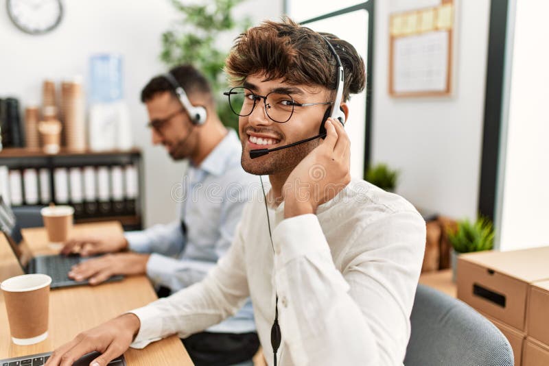 Two Hispanic Men Call Center Agents Smiling Confident Working at Office ...
