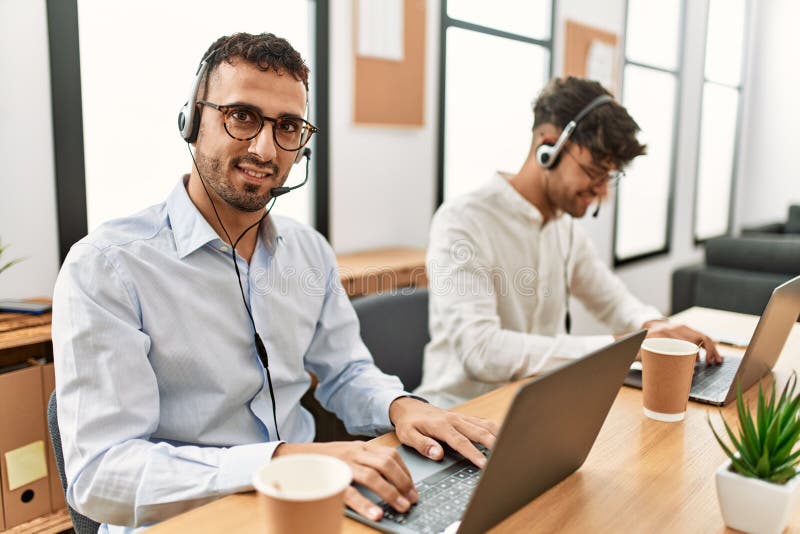 Two Hispanic Men Call Center Agents Smiling Confident Working at Office ...
