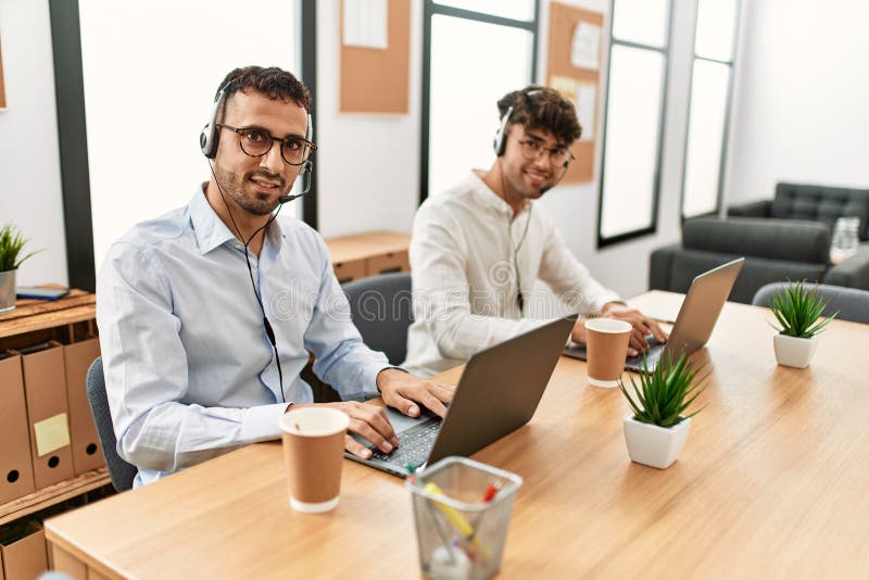 Two Hispanic Men Call Center Agents Smiling Confident Working at Office ...