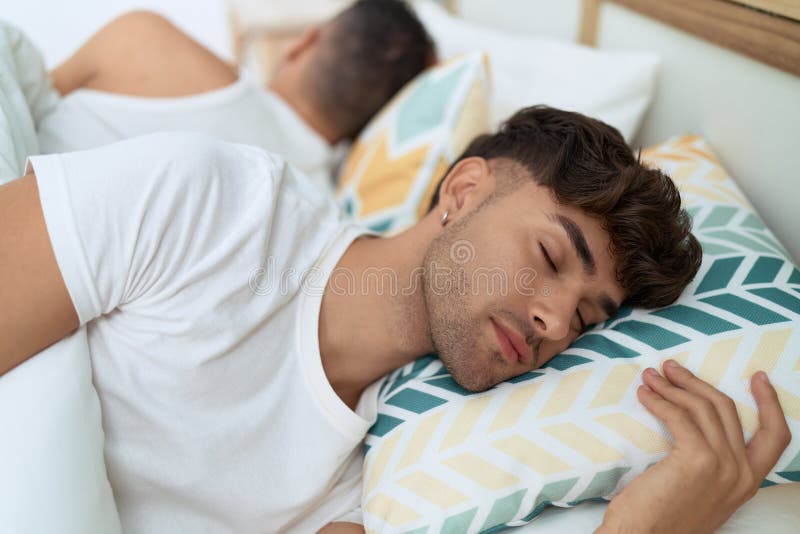 Two Hispanic Men Couple Lying on Bed Sleeping at Bedroom Stock Image - Image of family, person ...