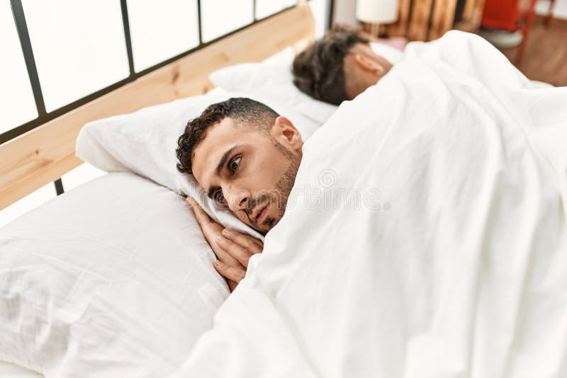Two Hispanic Men Couple Sleeping at Bedroom Stock Photo - Image of ...