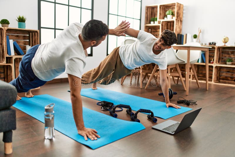 Two Hispanic Men Couple Smiling Confident Having Online Abs Exercise ...