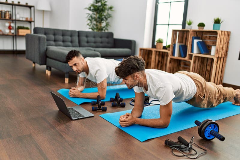 Two Hispanic Men Couple Smiling Confident Having Online Abs Exercise ...