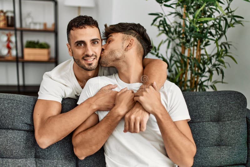 Two Hispanic Men Couple Smiling Confident and Hugging Each Other at ...