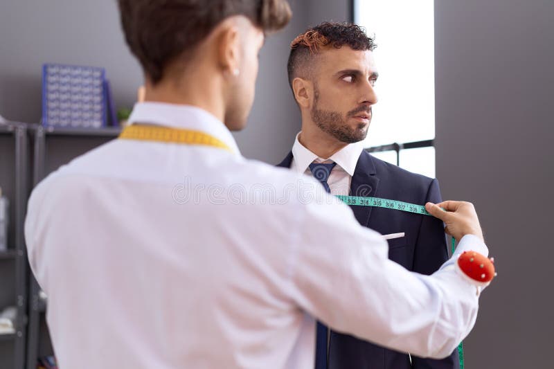 Two Hispanic Men Tailor Measuring Chest Client at Atelier Stock Image ...