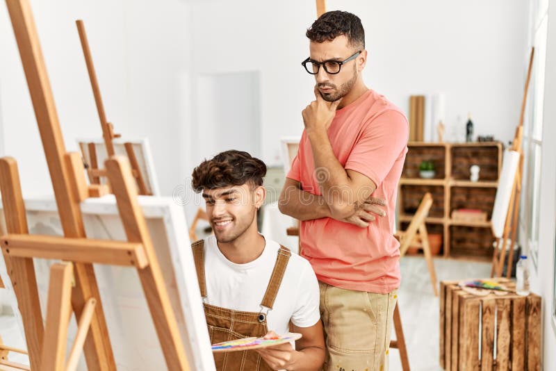 Two Hispanic Men Teacher and Student Drawing at Art Studio Stock Image ...