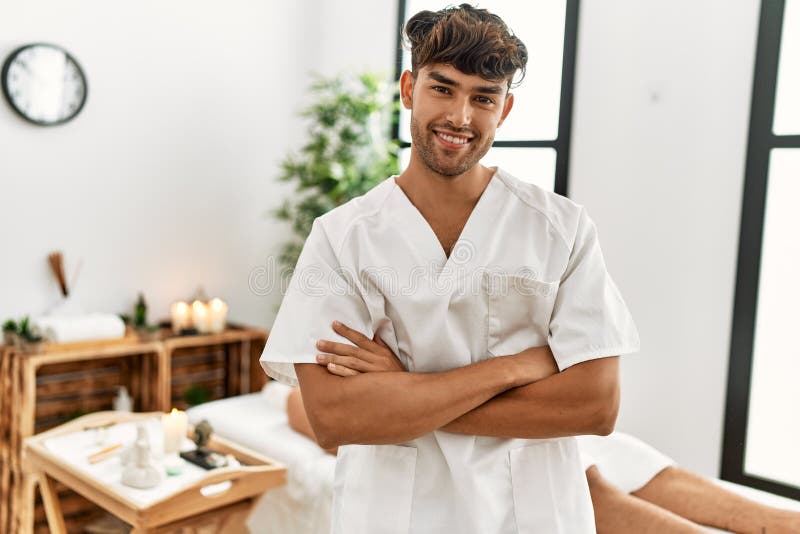 Two Hispanic Men Therapist and Patient Having Beauty Session at Beauty ...