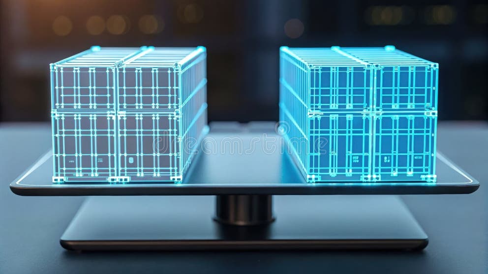 Two Holographic Cubes on Table Representing Advanced Shipping Container ...