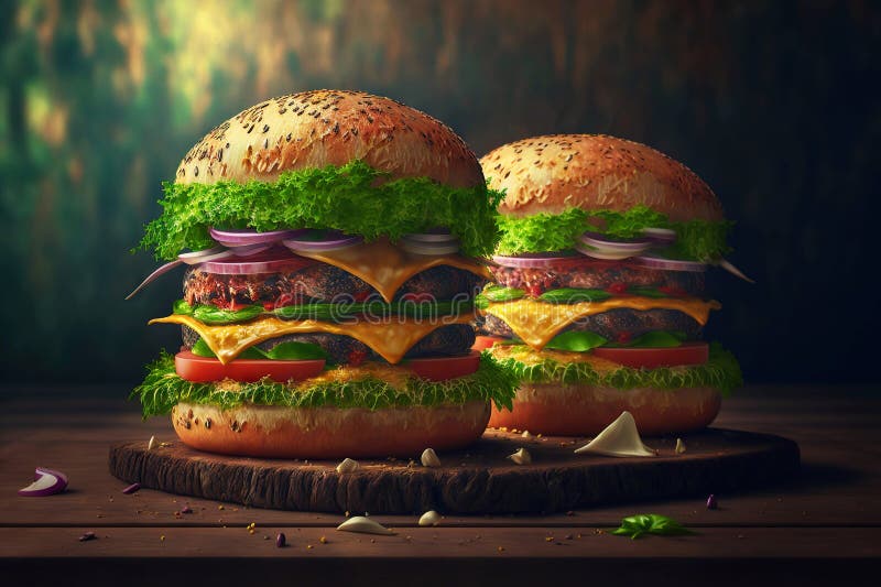 Two Homemade Cheeseburgers with Beef Burger Set Stock Illustration ...