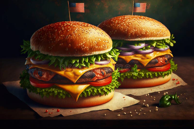 Two Homemade Cheeseburgers with Beef Burger Set Stock Illustration ...