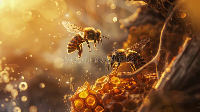 Two Honey Bees Collecting Nectar from Sunlit Honeycomb Stock ...