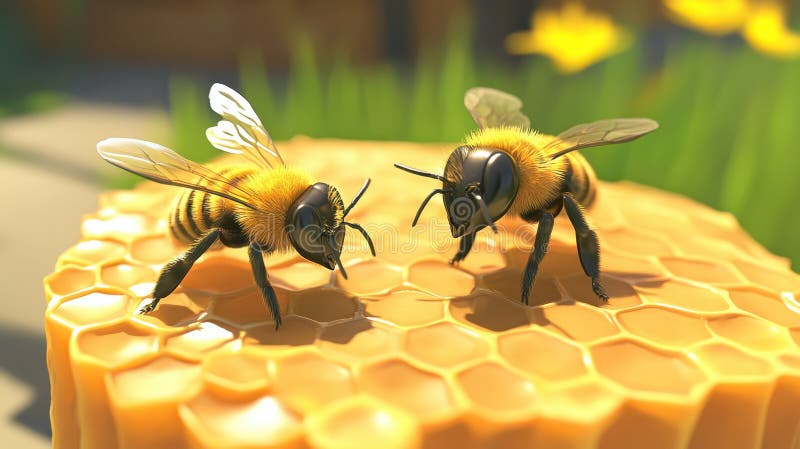 Two Honey Bees on Honeycomb Frame with Fresh Honey Stock Illustration - Illustration of stripes ...