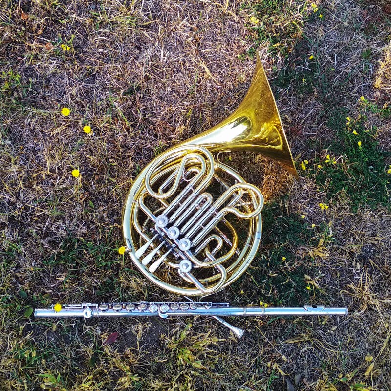 Two Horn Musical Instruments, Flute on the Grass. Stock Image - Image ...