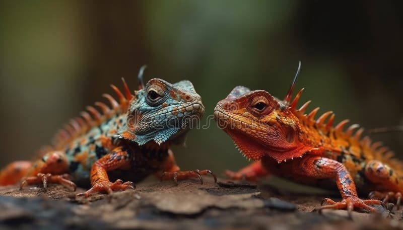 Two Horned Lizards Looking Cute on Green Branch in Forest Generated by ...