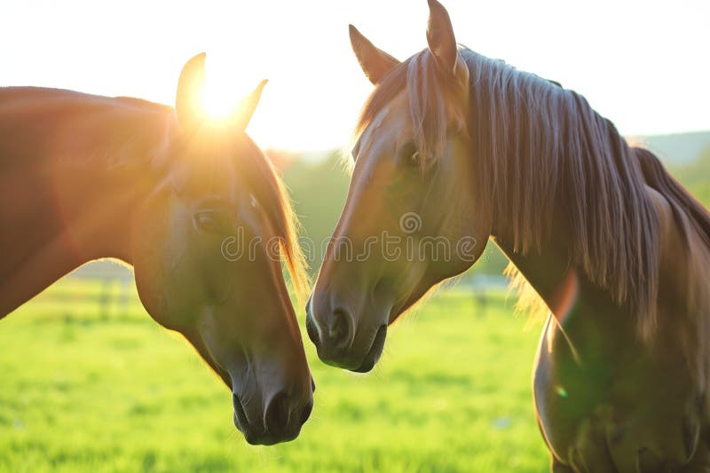 Two Horses Nuzzling in a Green Field, Bright Sunlight Behind Them Stock ...