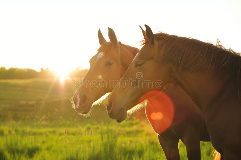 Two Horses Nuzzling in a Green Field, Bright Sunlight Behind Them Stock ...