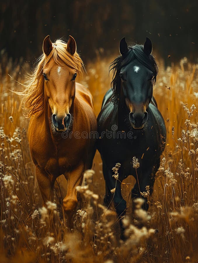 Two Horses Running through a Field of Tall Grass Stock Image - Image of ...
