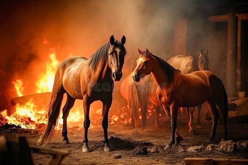 Two Horses Standing in a Stable and Fighting with Fire in the ...