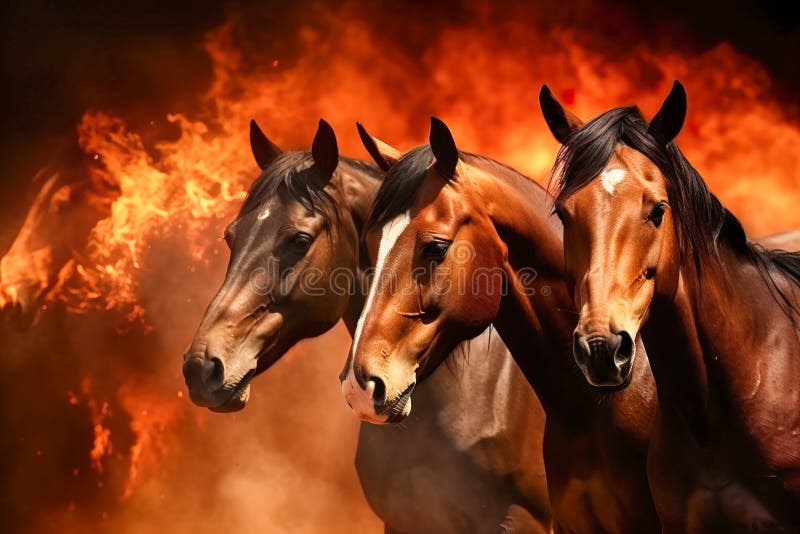 Two Horses Standing in a Stable and Fighting with Fire in the ...