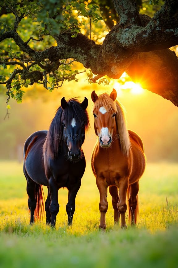Two Horses Standing Under a Tree in a Field Stock Image - Image of tree ...