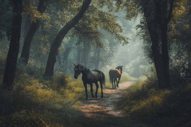 Two Horses Traverse a Tranquil Forest Path, Surrounded by Lush Greenery ...