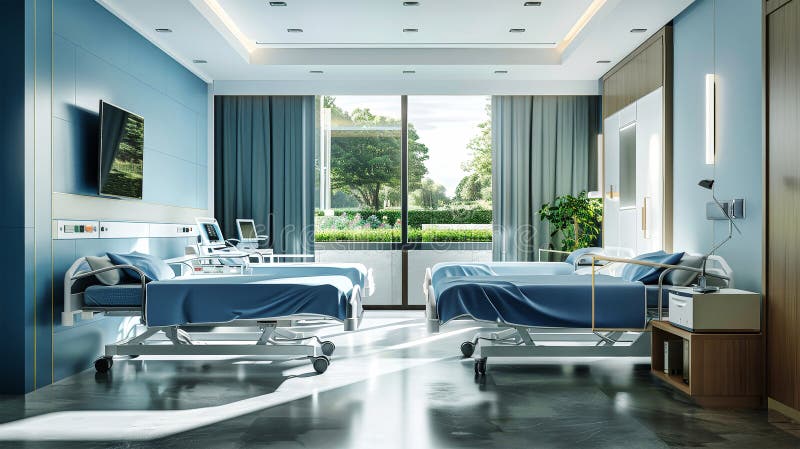 Two Hospital Beds Rest in a Calming Space with Blue Walls Stock ...