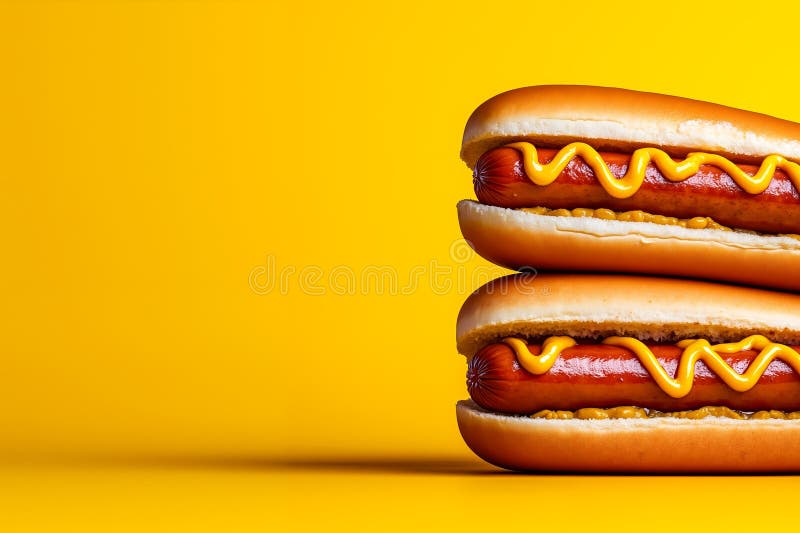 Two Hot Dogs with Mustard on a Bun on a Yellow Background Stock Image ...