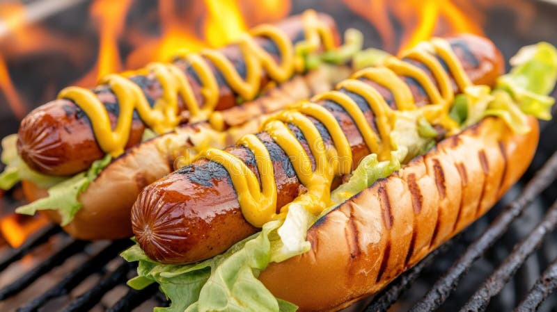Two Hot Dogs with Mustard and Lettuce on a Grill, AI Stock Photo ...