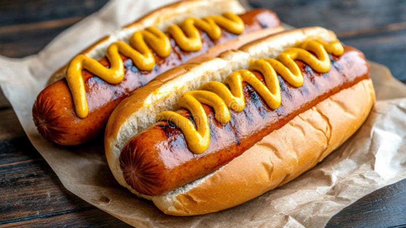 Two Hot Dogs with Mustard on a Piece of Paper, AI Stock Image - Image ...